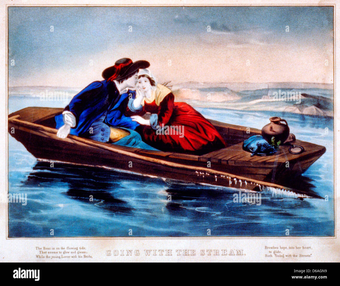 Going with the stream, man and woman drifting in a boat, circa 1850 ...
