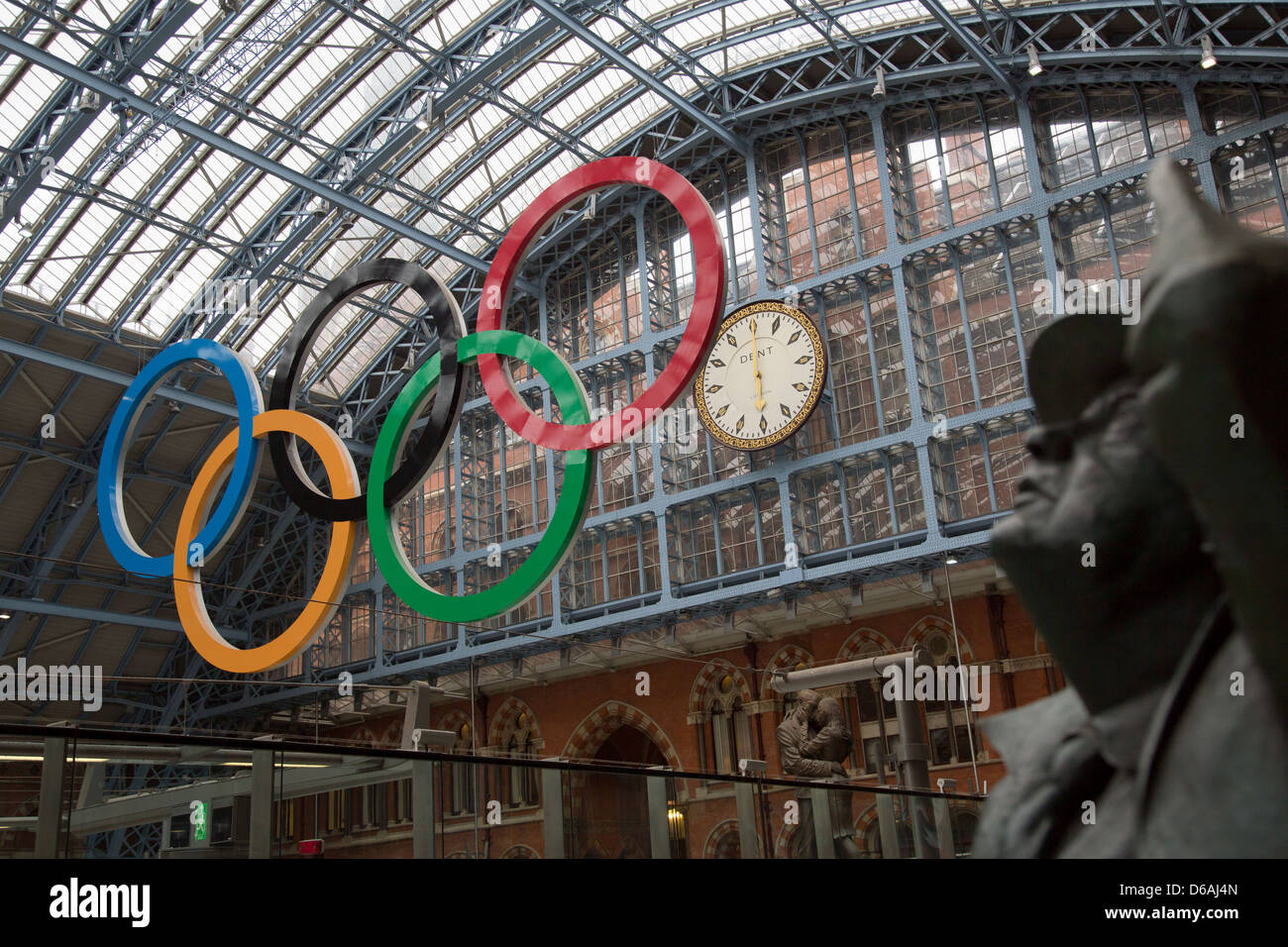 London, United Kingdom, Olympic rings on regional and mainline station ...