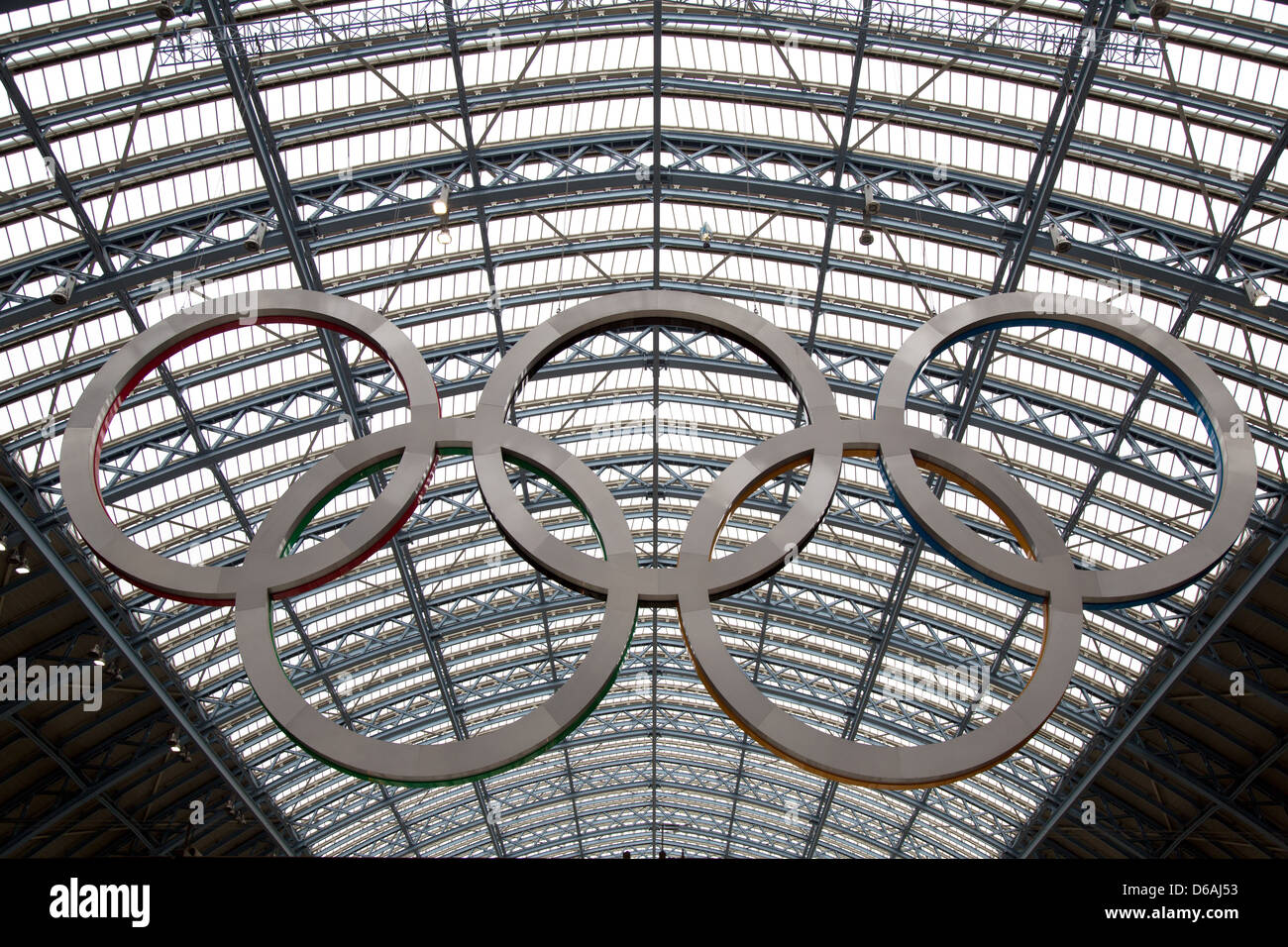 London, United Kingdom, Olympic rings on regional and mainline station ...