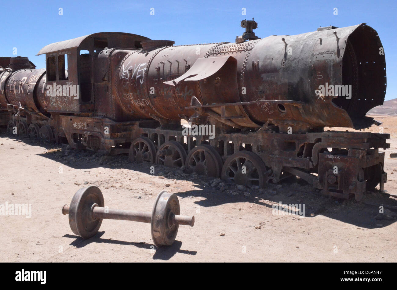 An old steam locomotive rusting away in the train graveyard near Uyuni ...