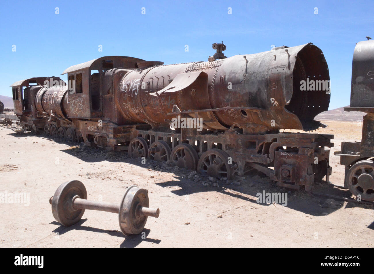 An old steam locomotive rusting away in the train graveyard near Uyuni ...