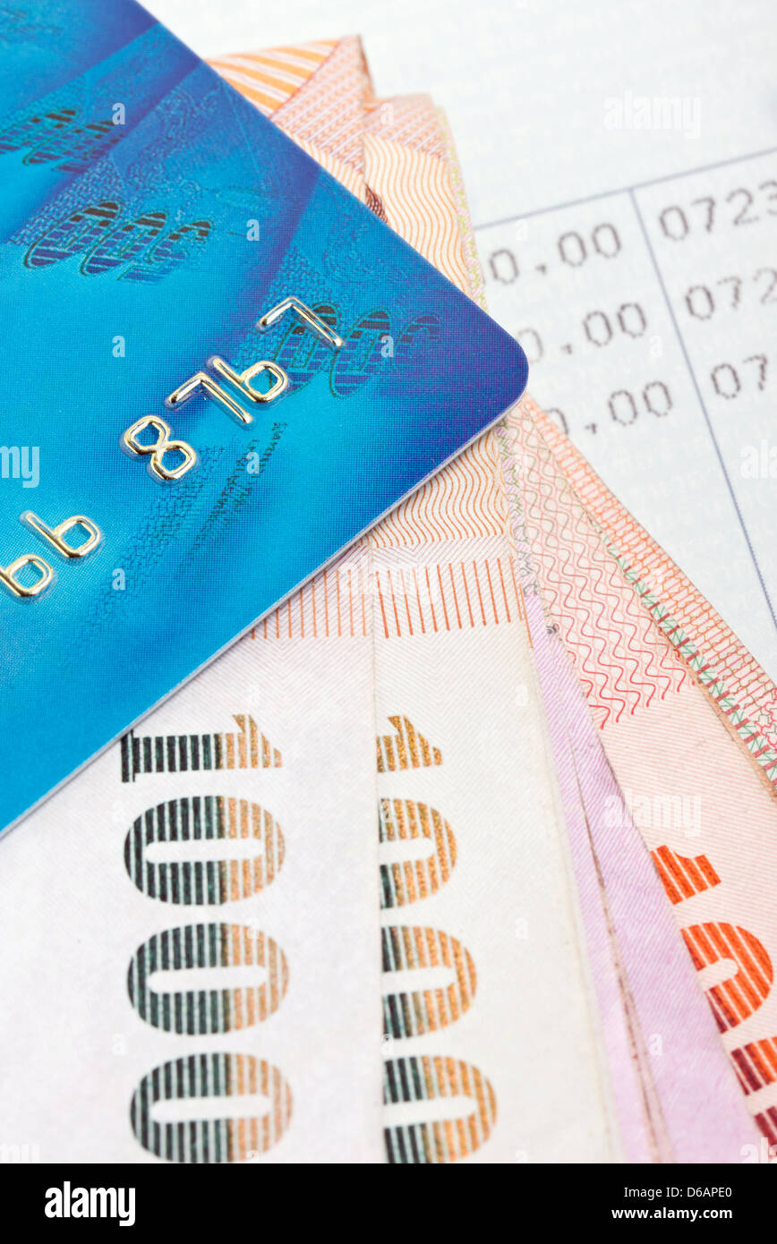 Credit card, Thai bank notes with bankbook Stock Photo - Alamy