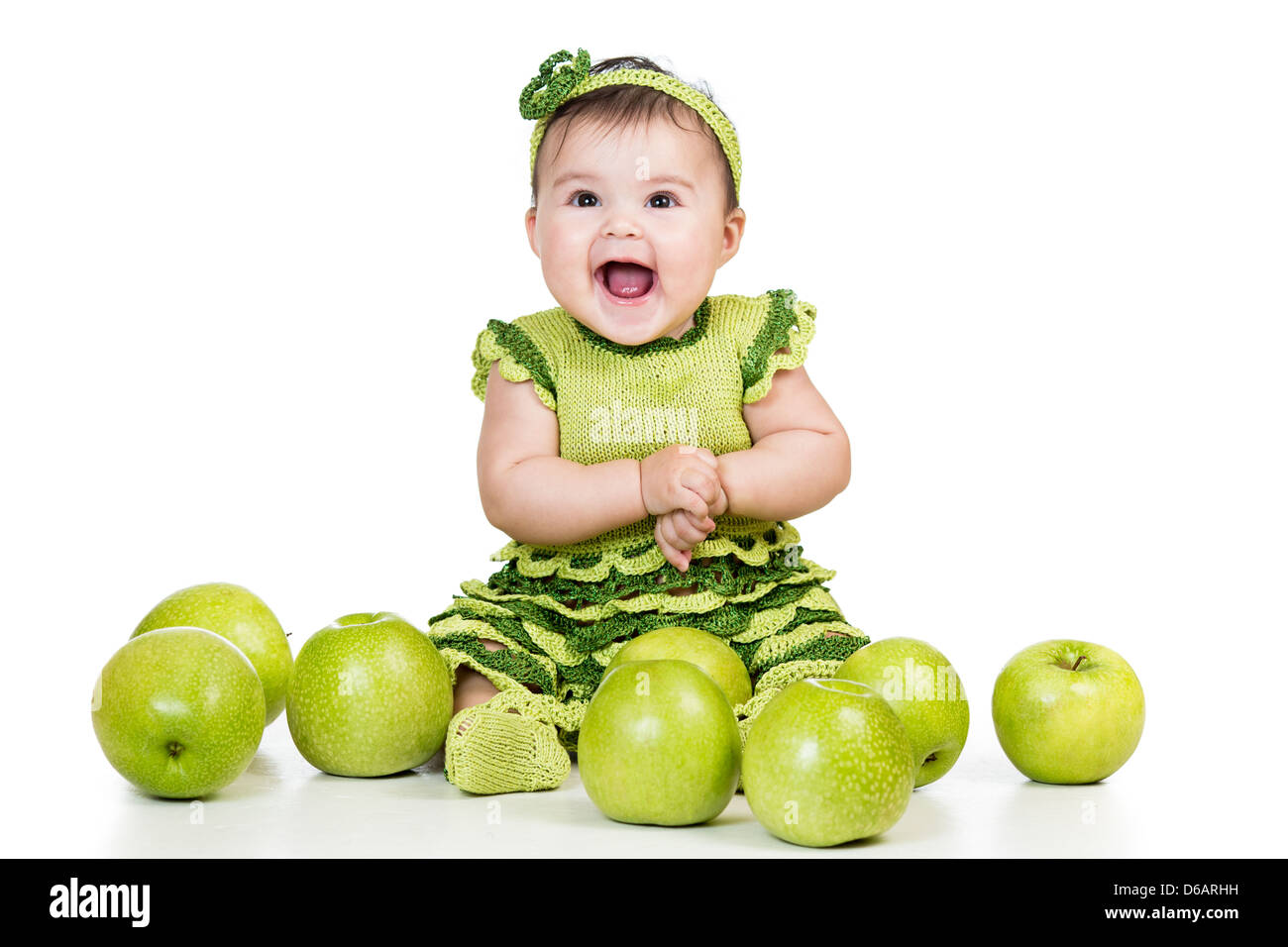 happy baby with green apples isolated on white background Stock Photo ...