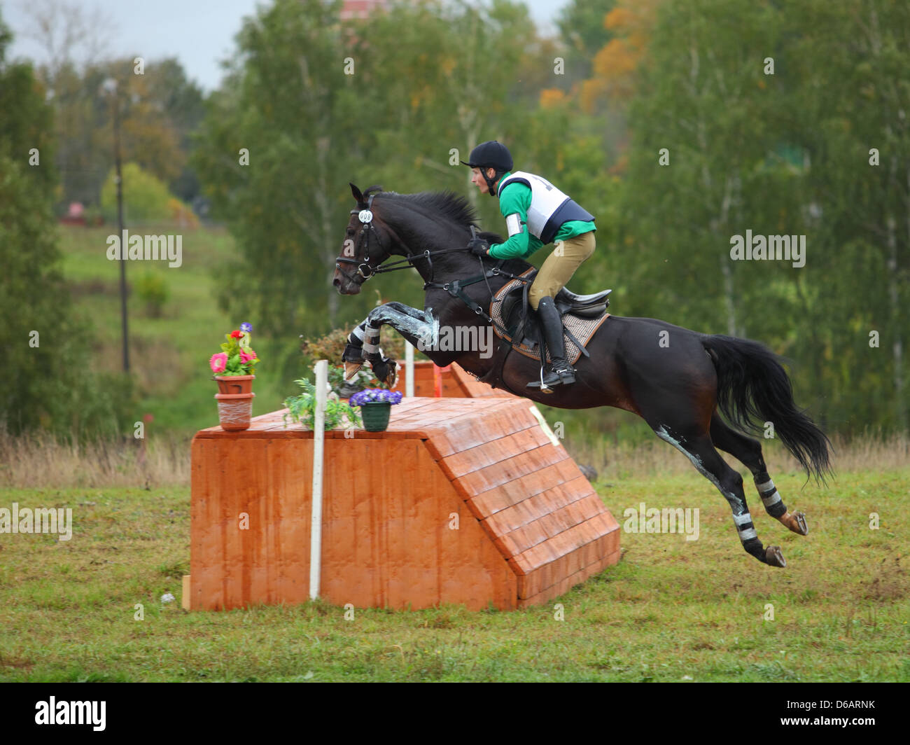 Horse and rider are navigating a jump on a 3-day eventing, cross ...