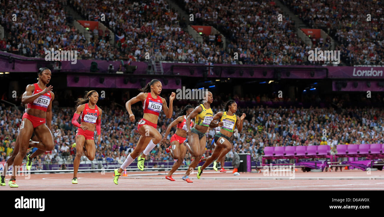 Carmelita Jeter of the United States (L-R), Sanya Richards-Ross of USA ...