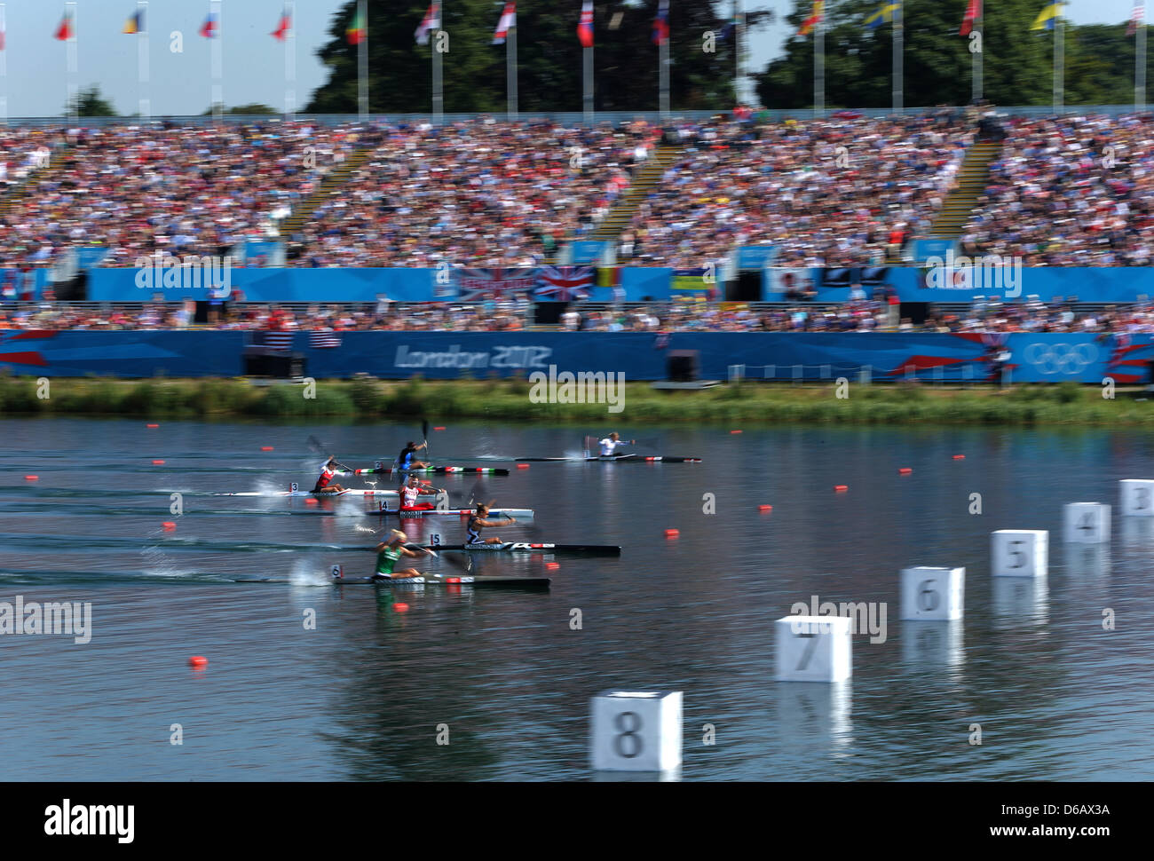 Participants compete during the Women's Kayak Single (K1) 200m heat of the Canoe Sprint events ...