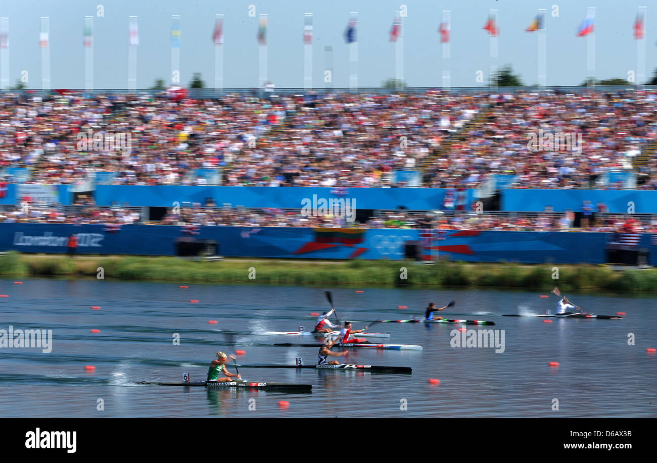 Participants compete during the Women's Kayak Single (K1) 200m heat of the Canoe Sprint events ...