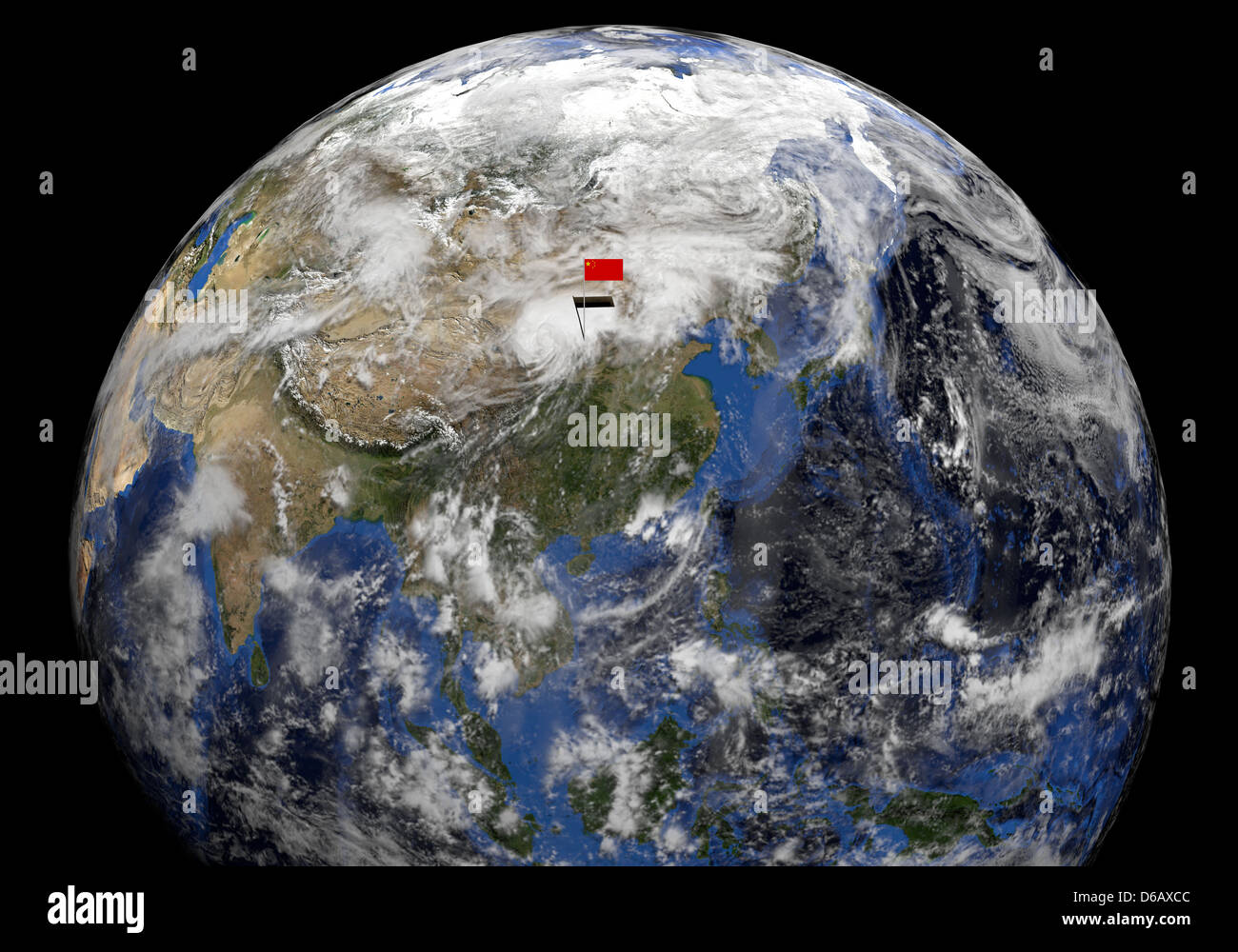 China flag on pole on earth globe illustration Stock Photo - Alamy