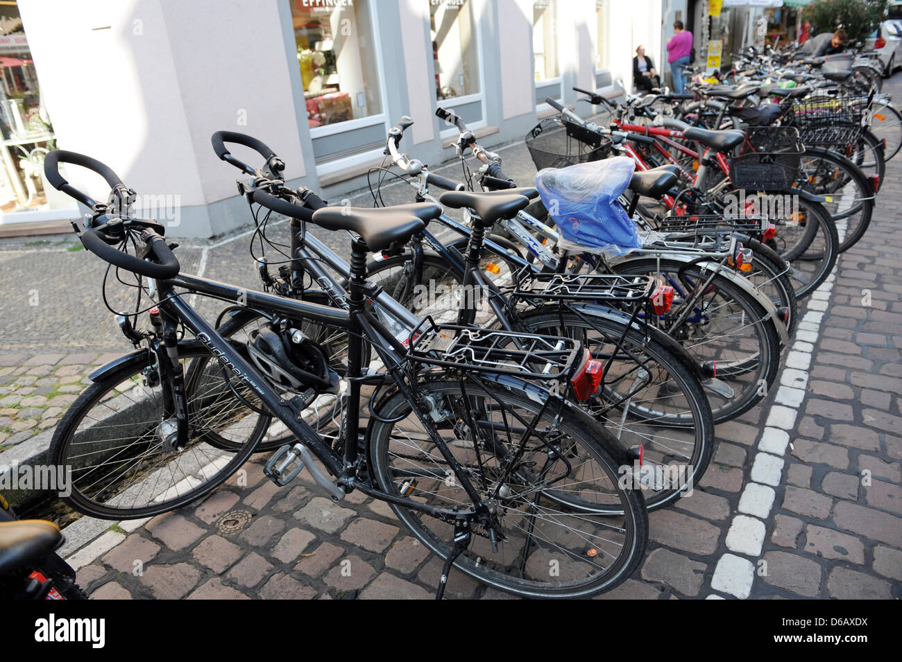 Bicycles are parked in a pedestrian zone in Freiburg, Germany, 10 ...