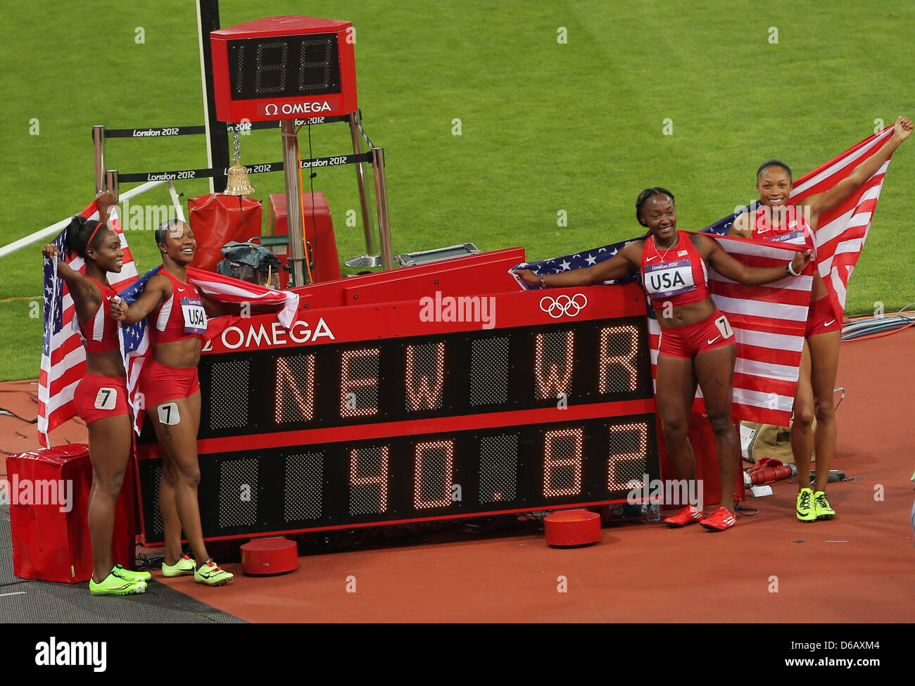 The United States 4x100m relay team of Allyson Felix, Carmelita Jeter ...