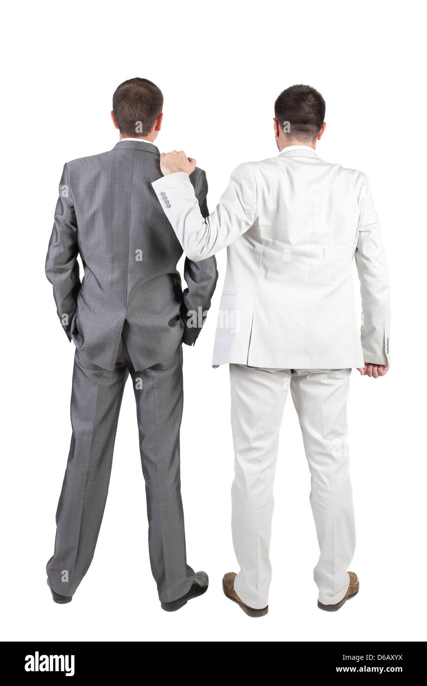 Two businessmen discuss. Rear view. Isolated over white background ...