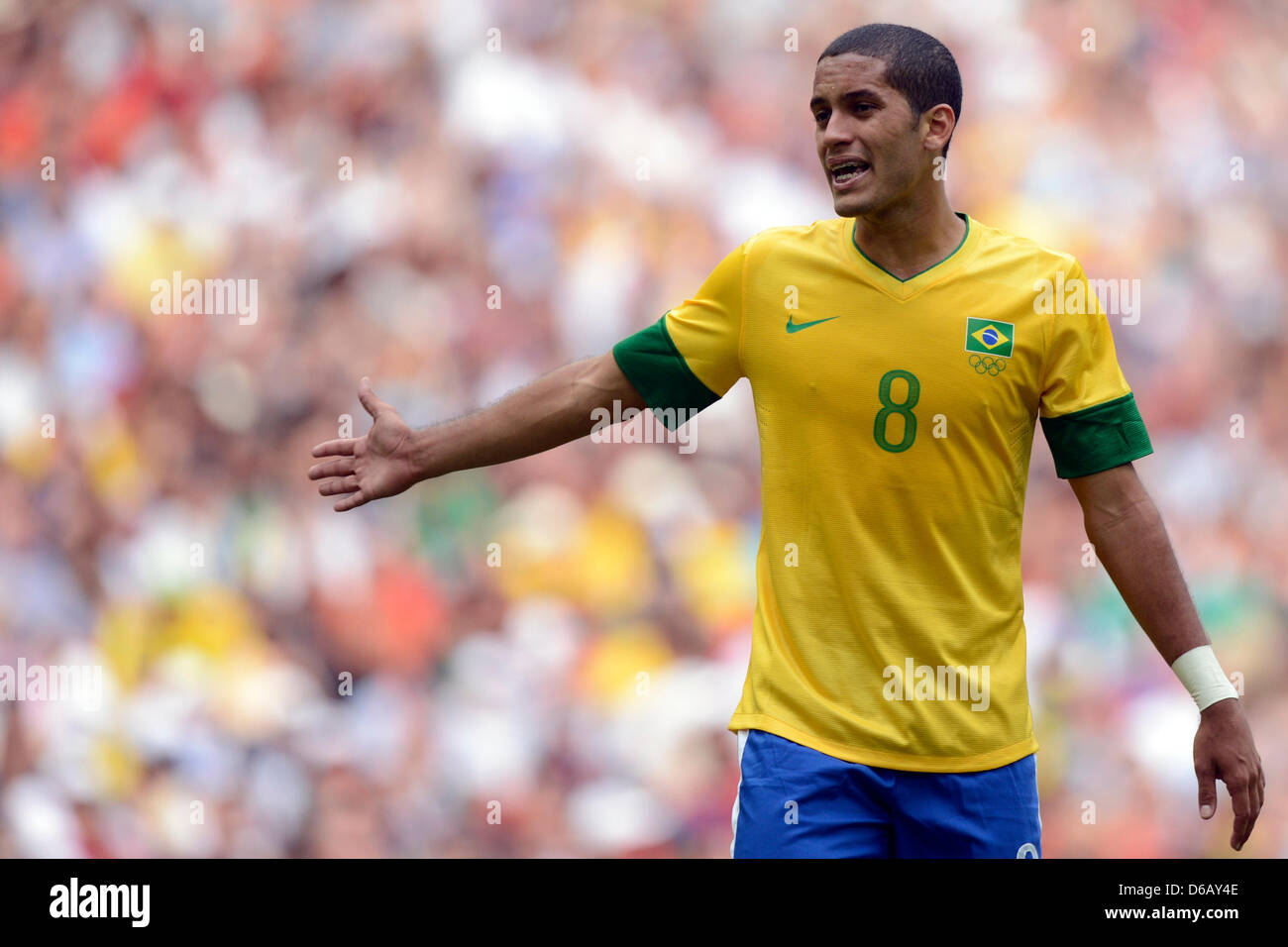 Brazil's Romulo reacts during the Men's Soccer Gold Medal Match between ...