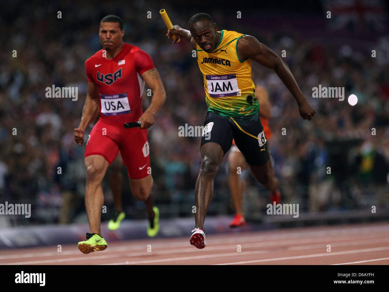 Usain Bolt (R) of Jamaica and Ryan Bailey (L) of USA in action during ...