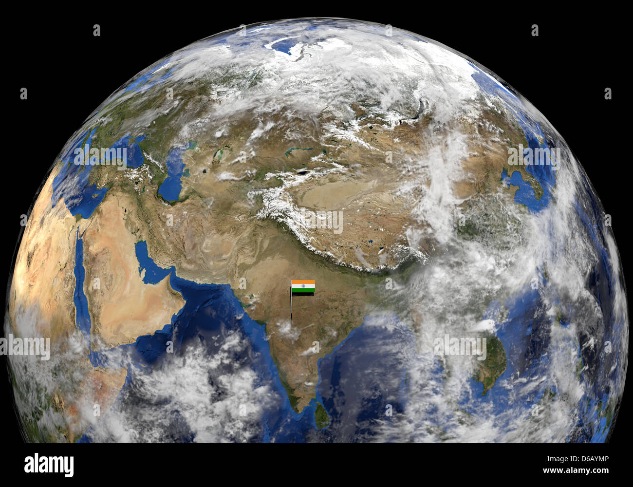 India flag on pole on earth globe illustration Stock Photo - Alamy