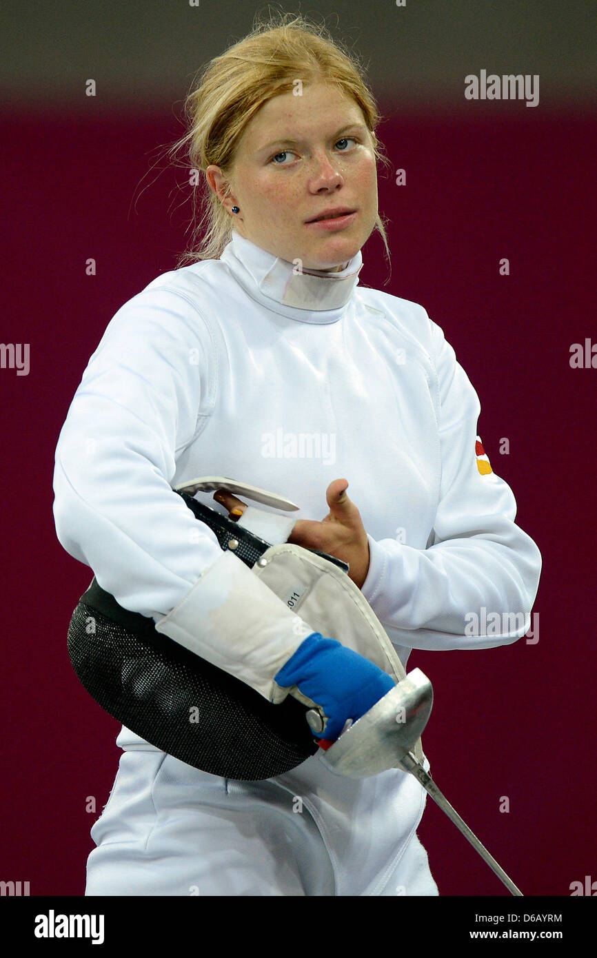 Annika Schleu of Germany reacts during the Women's Modern Penthatlon ...