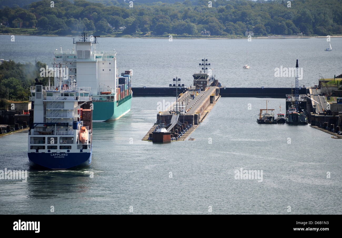 Ships sail into the last functioning lock in Kiel Holtenau, Germany, 14 ...
