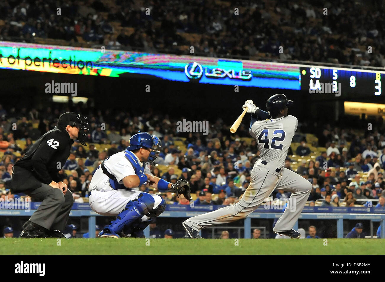Los Angeles, CA. USA. April 15, 2013 San Diego Padres pitcher Eric ...