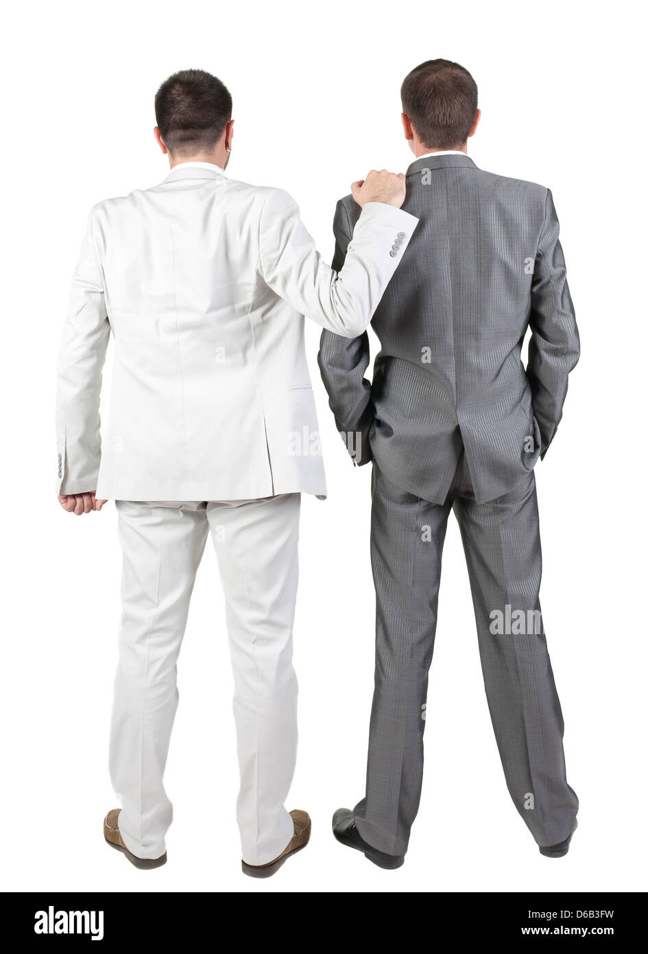 Back view of two businessmen discuss. Rear view people collection ...