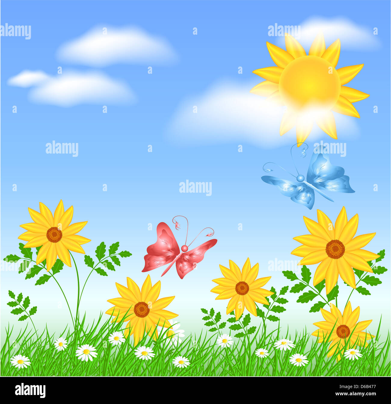 Meadow flowers, sun, clouds and butterflies Stock Photo - Alamy