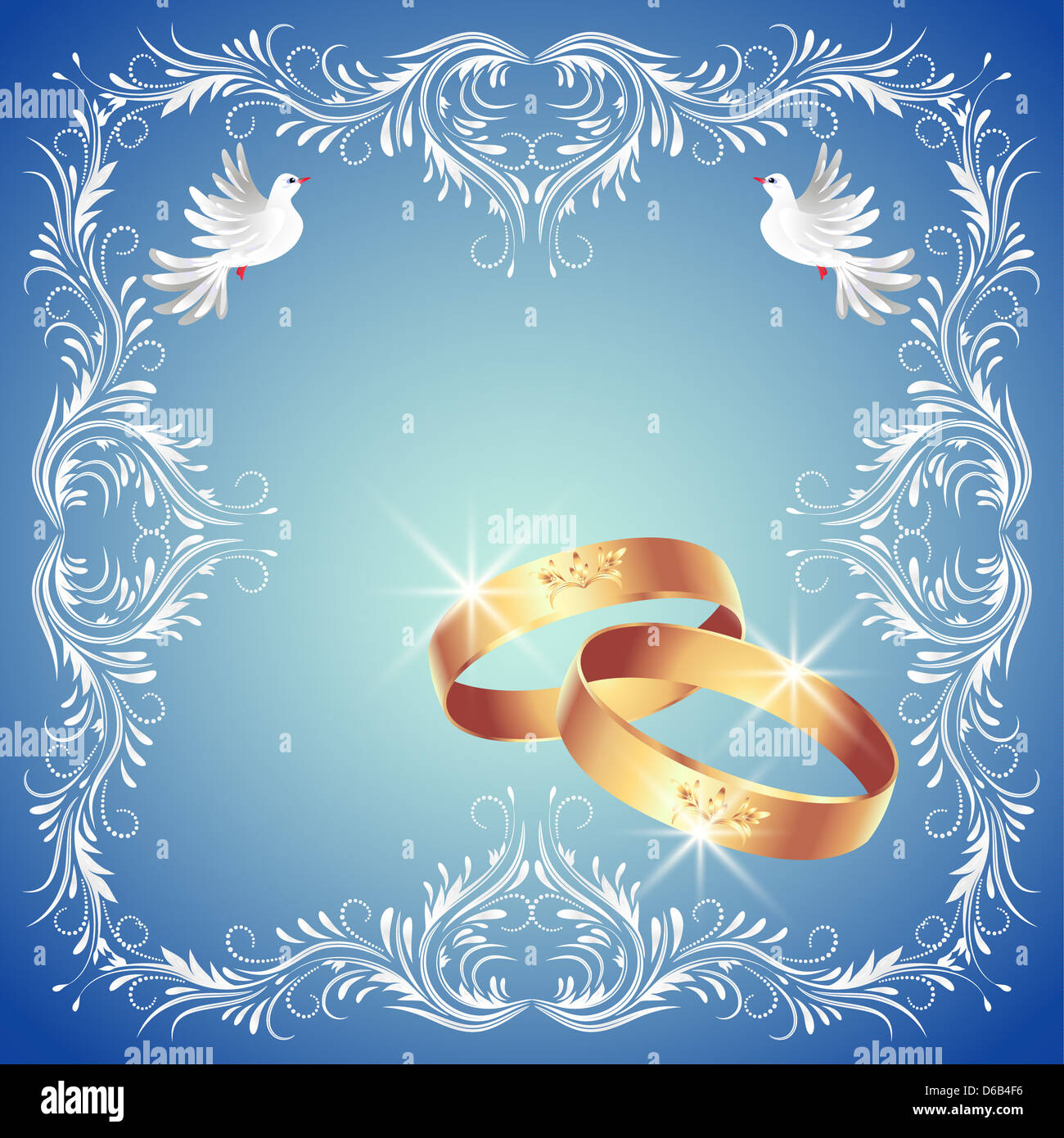 Card with wedding rings and two doves in ornament frame Stock Photo - Alamy