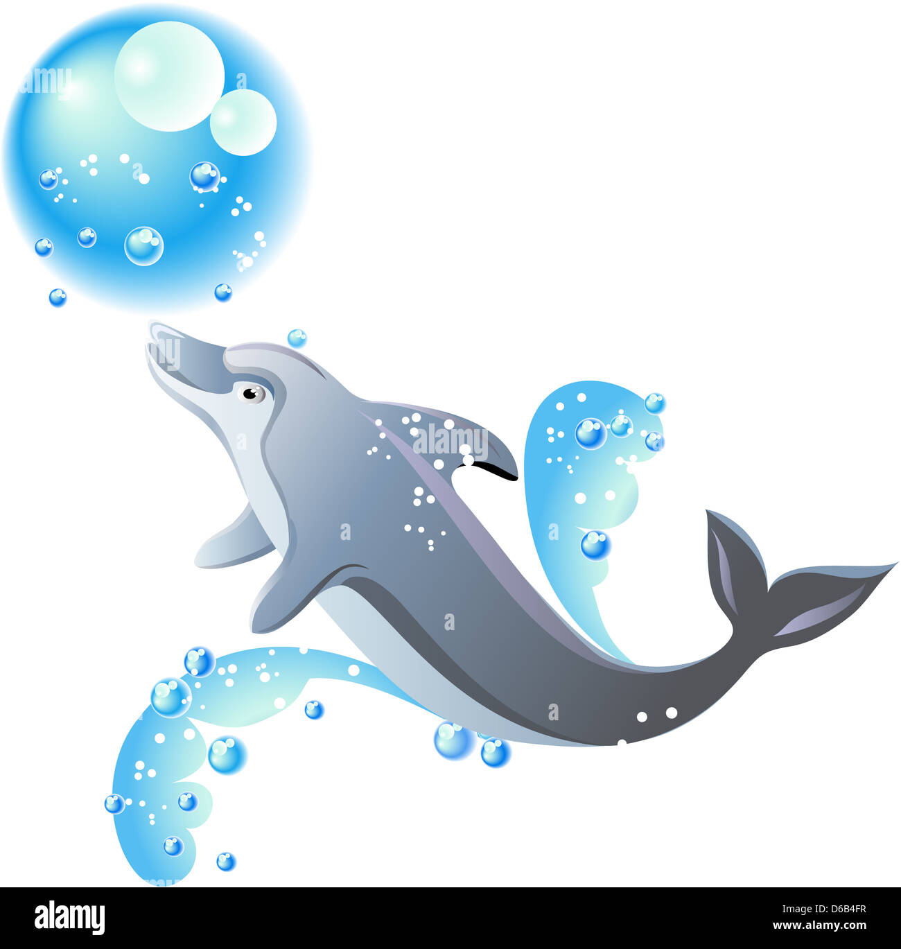 Dolphin, bubbles and blue waves isolated on white background Stock ...