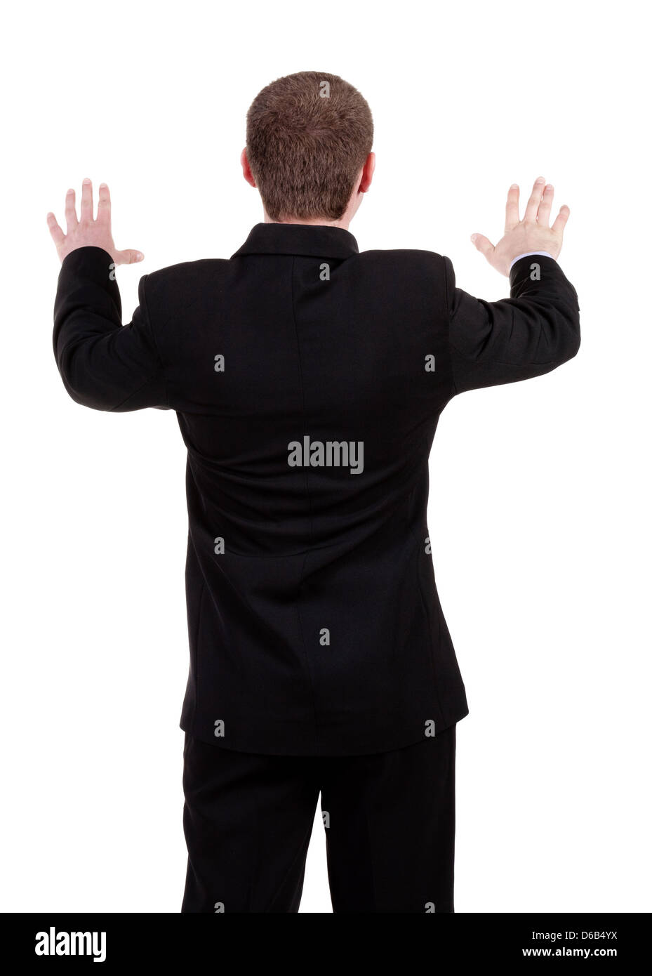 Back view of businessman. Young guy in black suit watching. Isolated ...