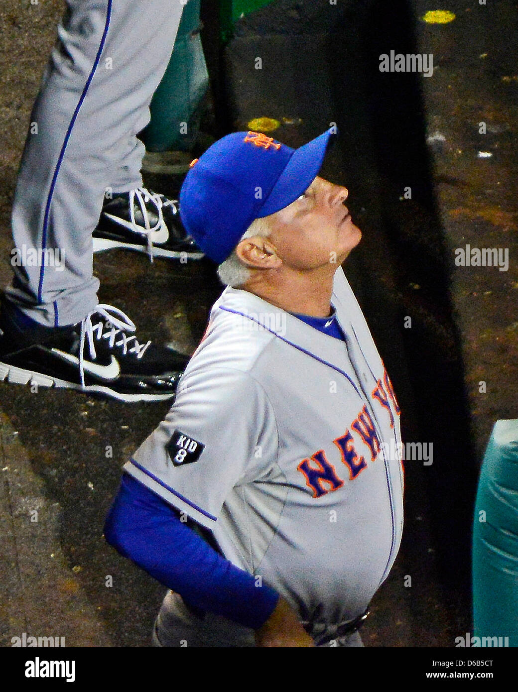 New York Mets manager Terry Collins (10) looks skyward after Johan ...
