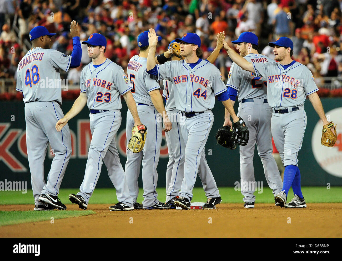 New York Mets celebrate their 2 - 0 victory over the Washington ...