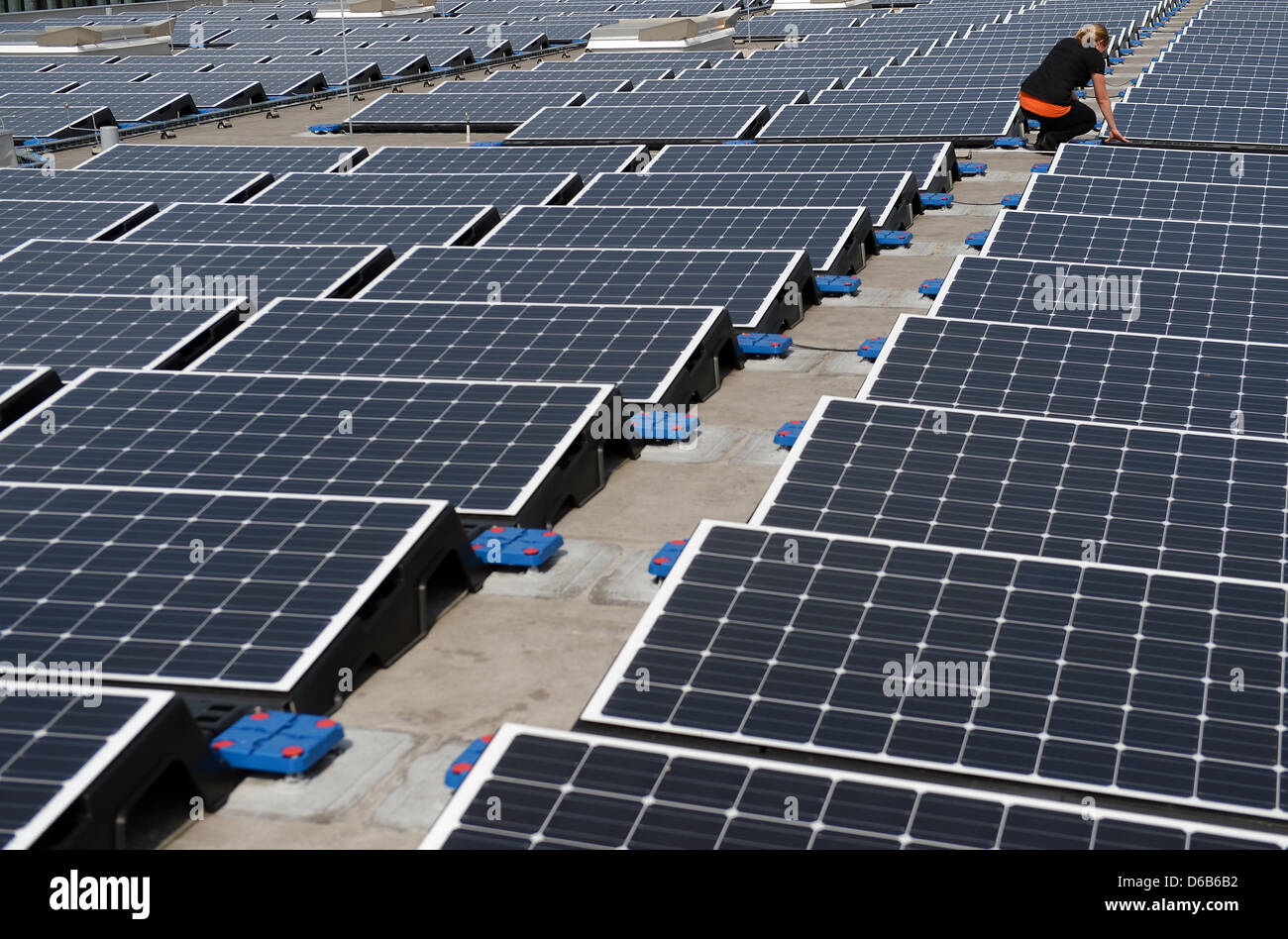 A young woman inspects the solar panels of the city's largest solar ...