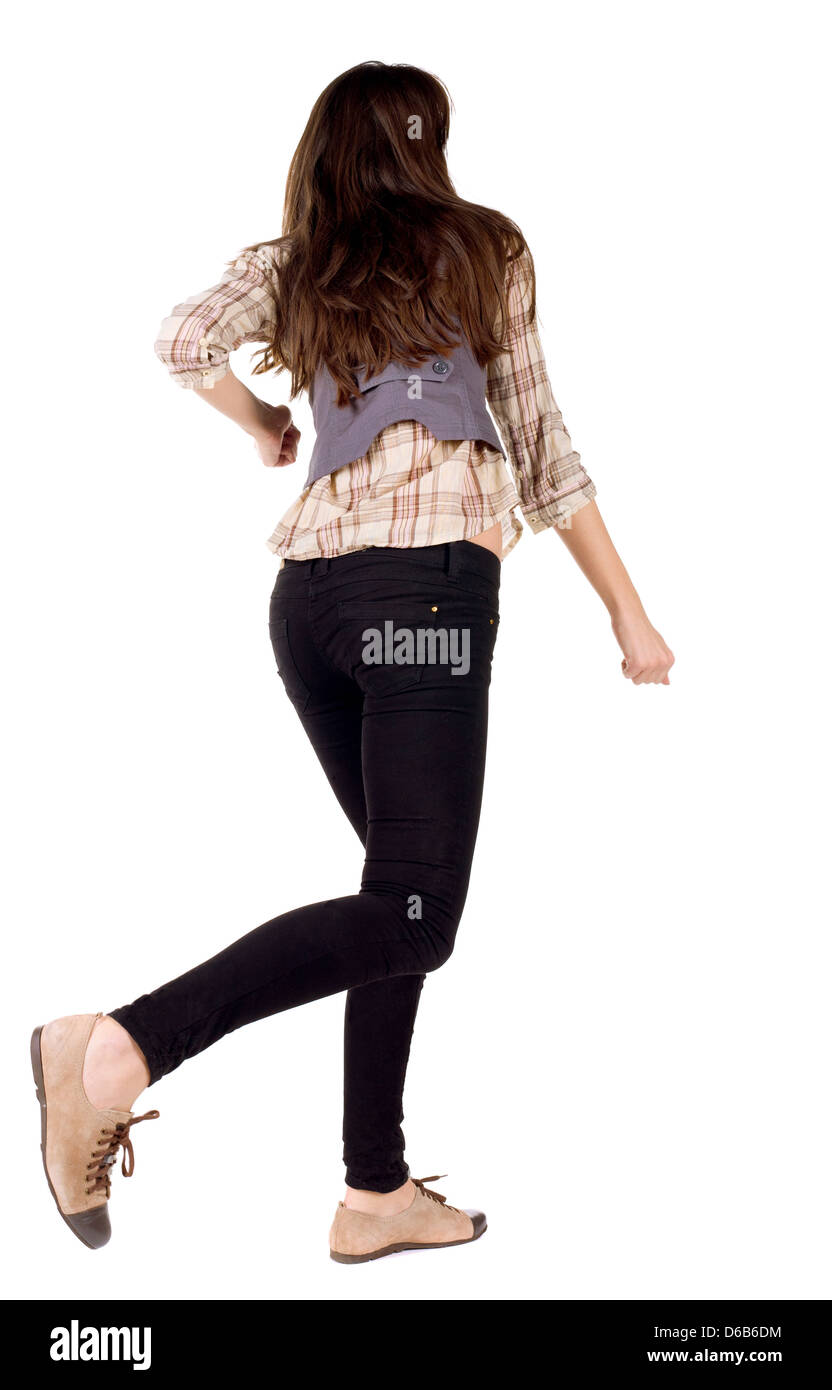 back view of running brunette girl. woman in motion. Rear view people ...