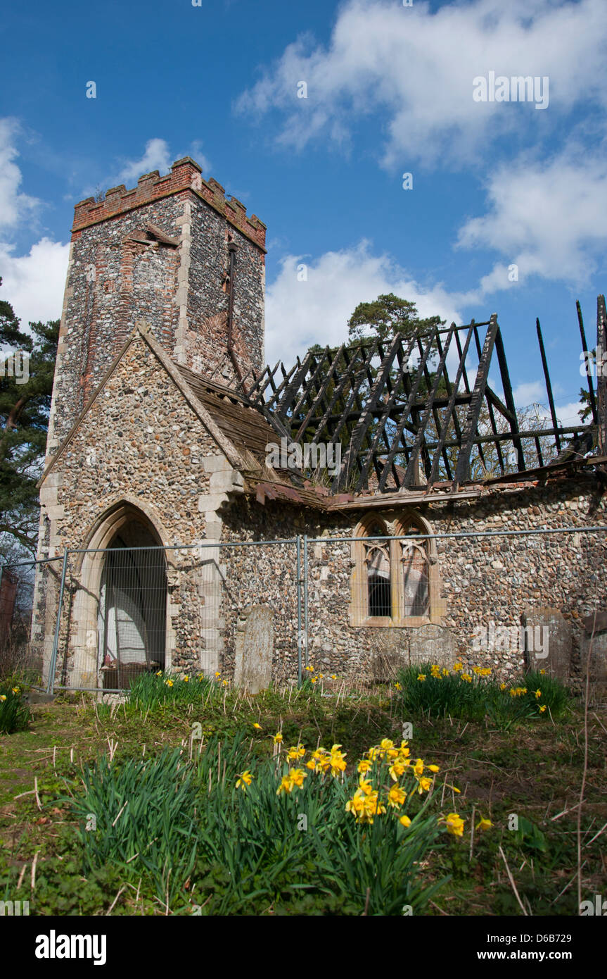 Church ruined by fire St Wandregesilius Bixley Norfolk Stock Photo - Alamy
