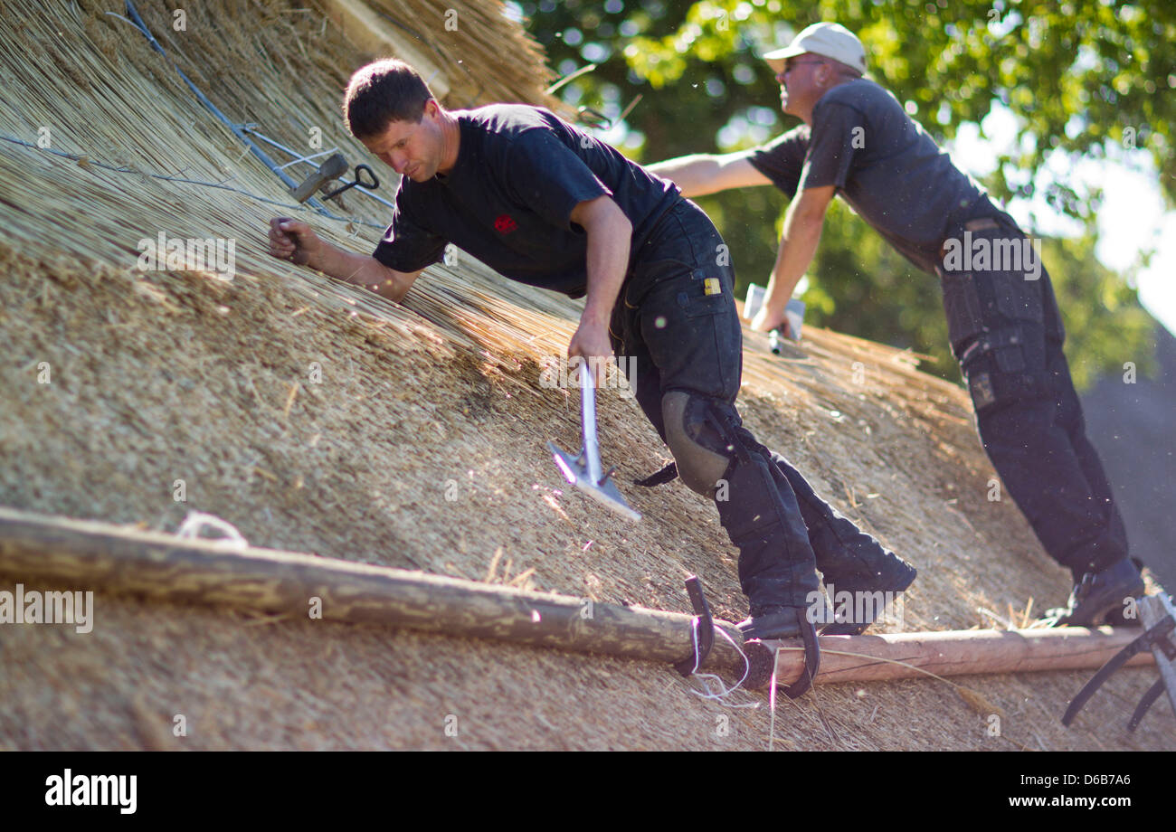 Thatchers Udo Schoenrock (R) and Mathias Hahn tools install a thatched ...