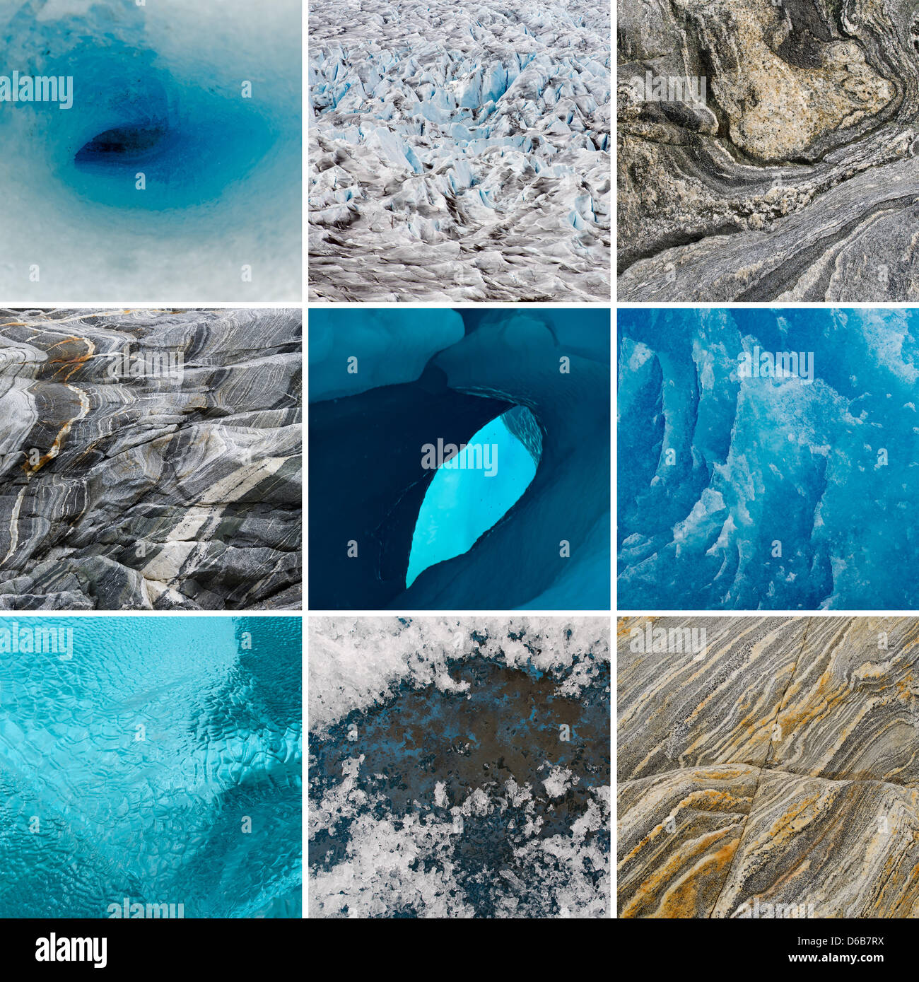 (COMBO) A composite image shows ice structures of icebergs and rock ...