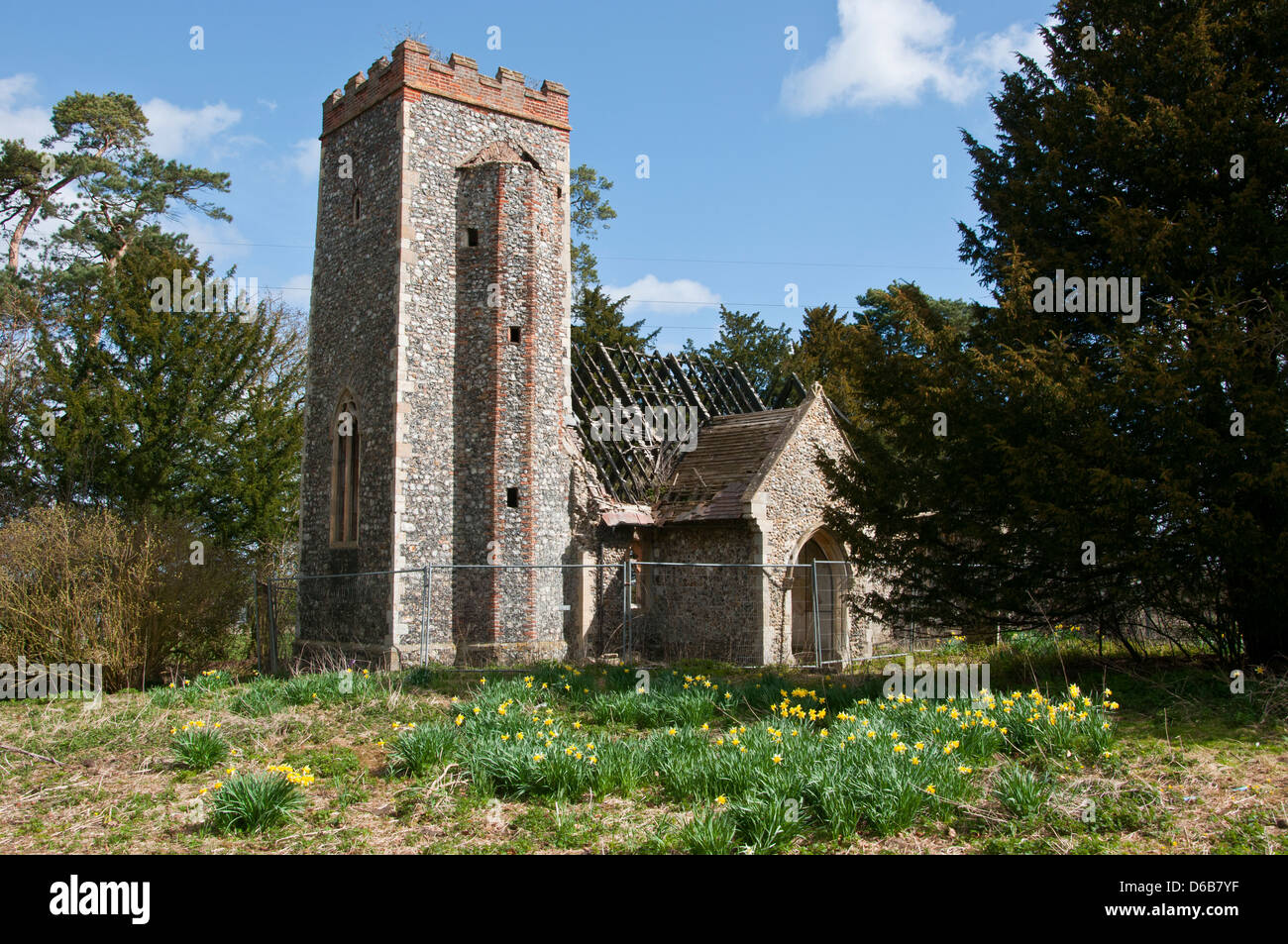 Church ruined by fire St Wandregesilius Bixley Norfolk Stock Photo - Alamy