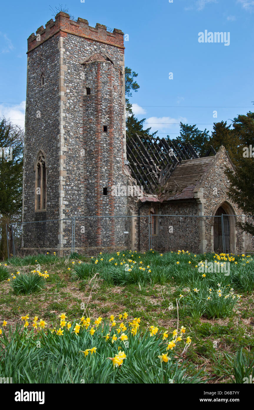 Church ruined by fire St Wandregesilius Bixley Norfolk Stock Photo - Alamy