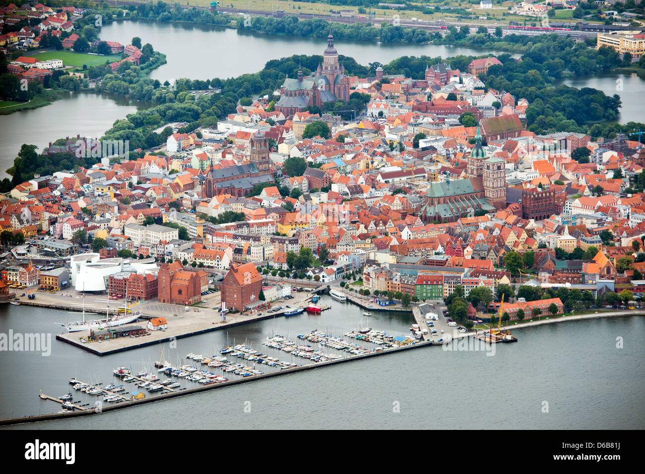 An aerial photograph shows the old town with town hall in Stralsund ...