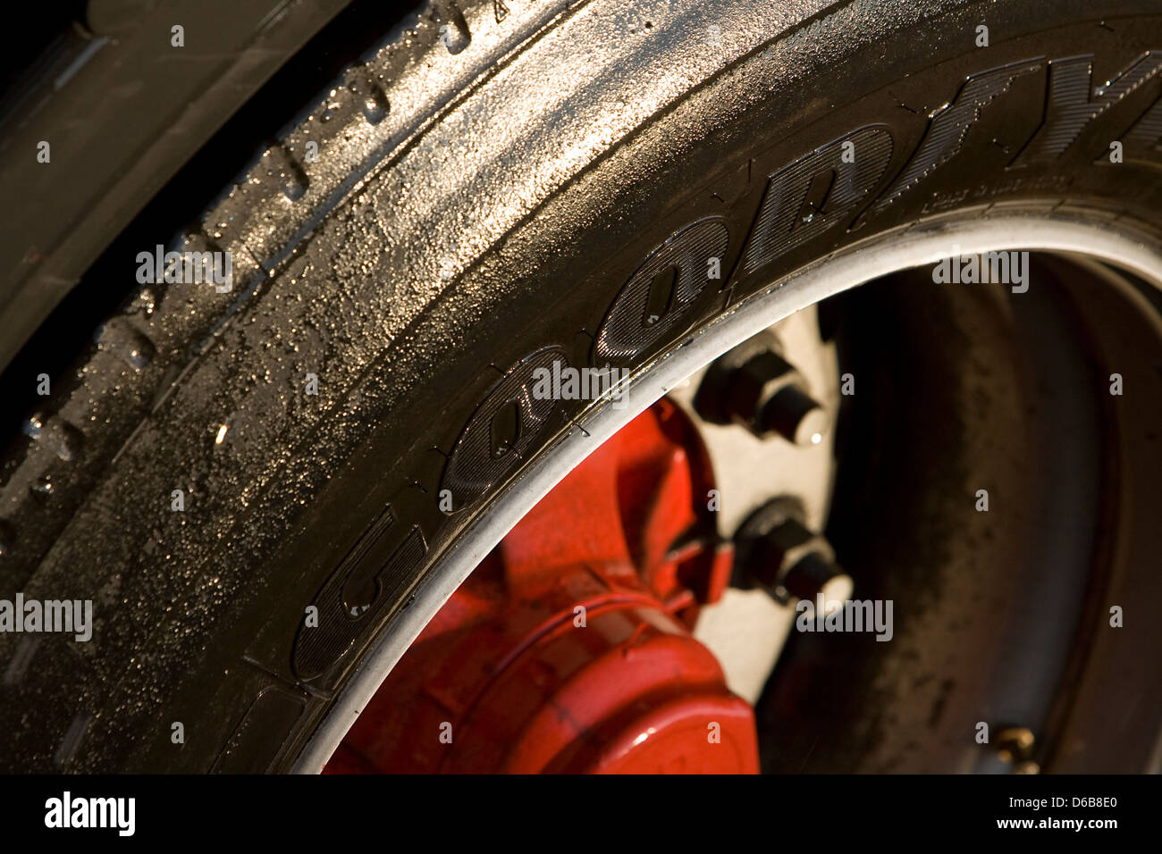 Part of lorry wheel showing Goodyear tyre and hub Stock Photo - Alamy
