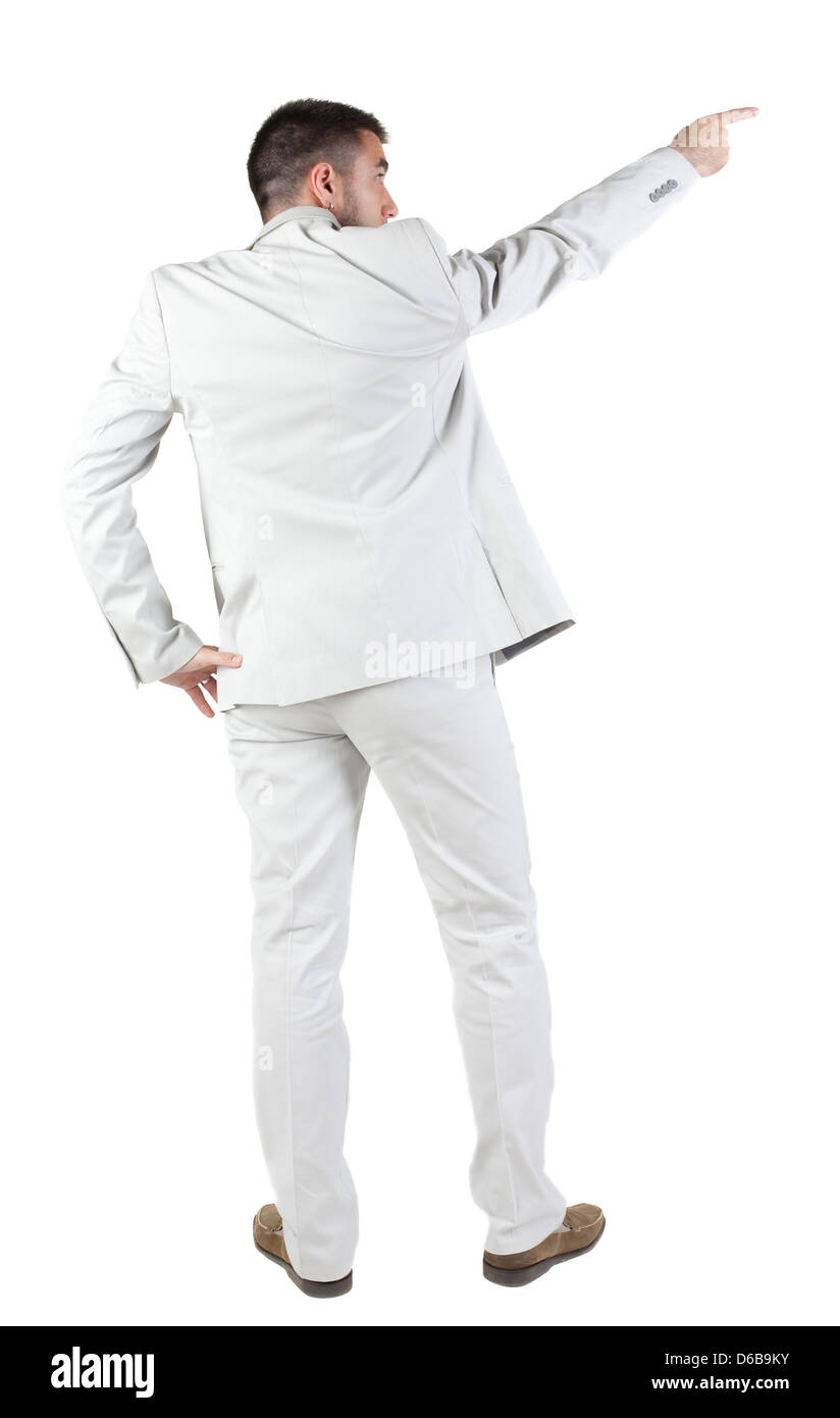 Back view of businessman pointing at wall. Rear view people collection ...