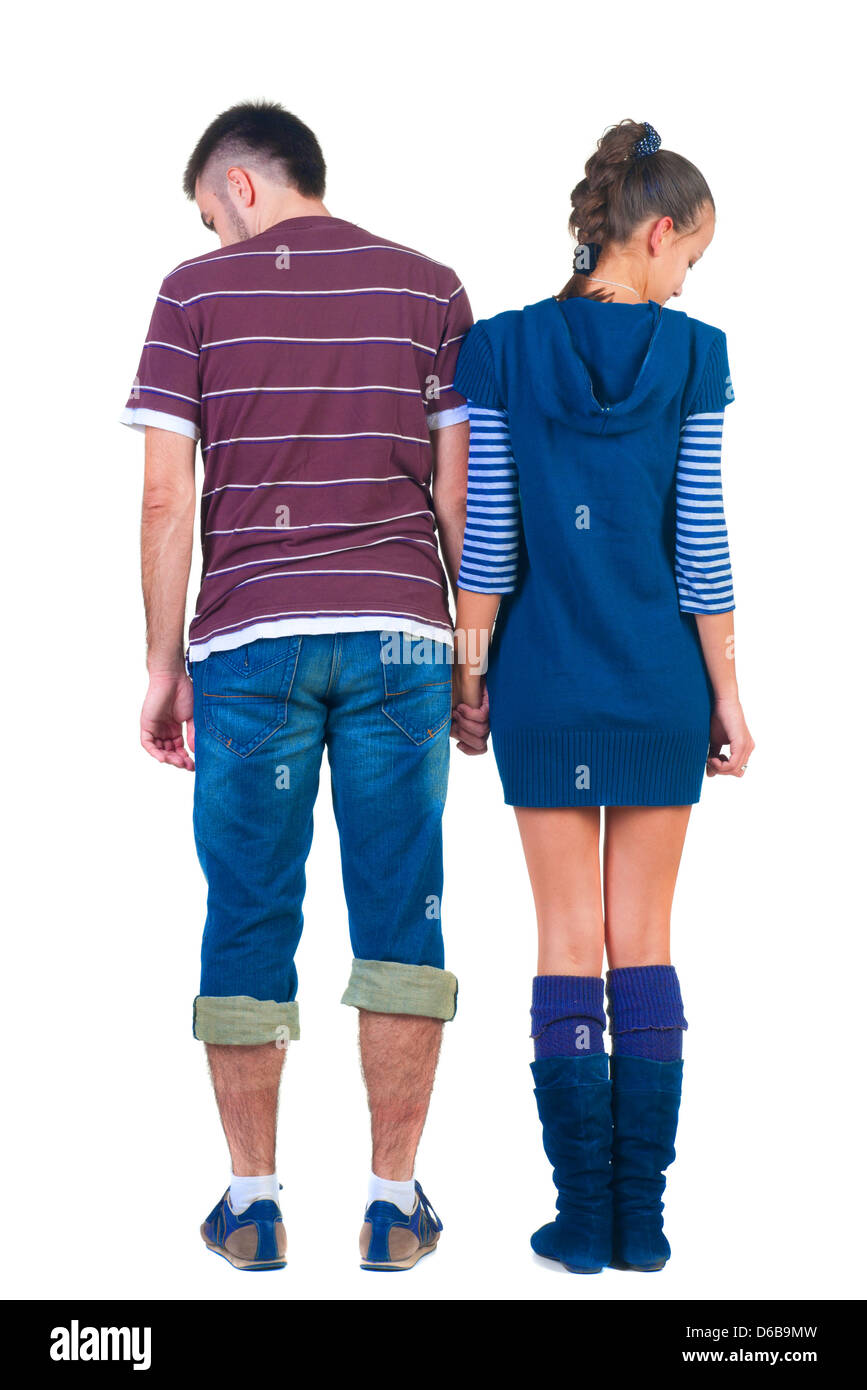 Sad young pair. Rear view people collection. Backside view of person ...