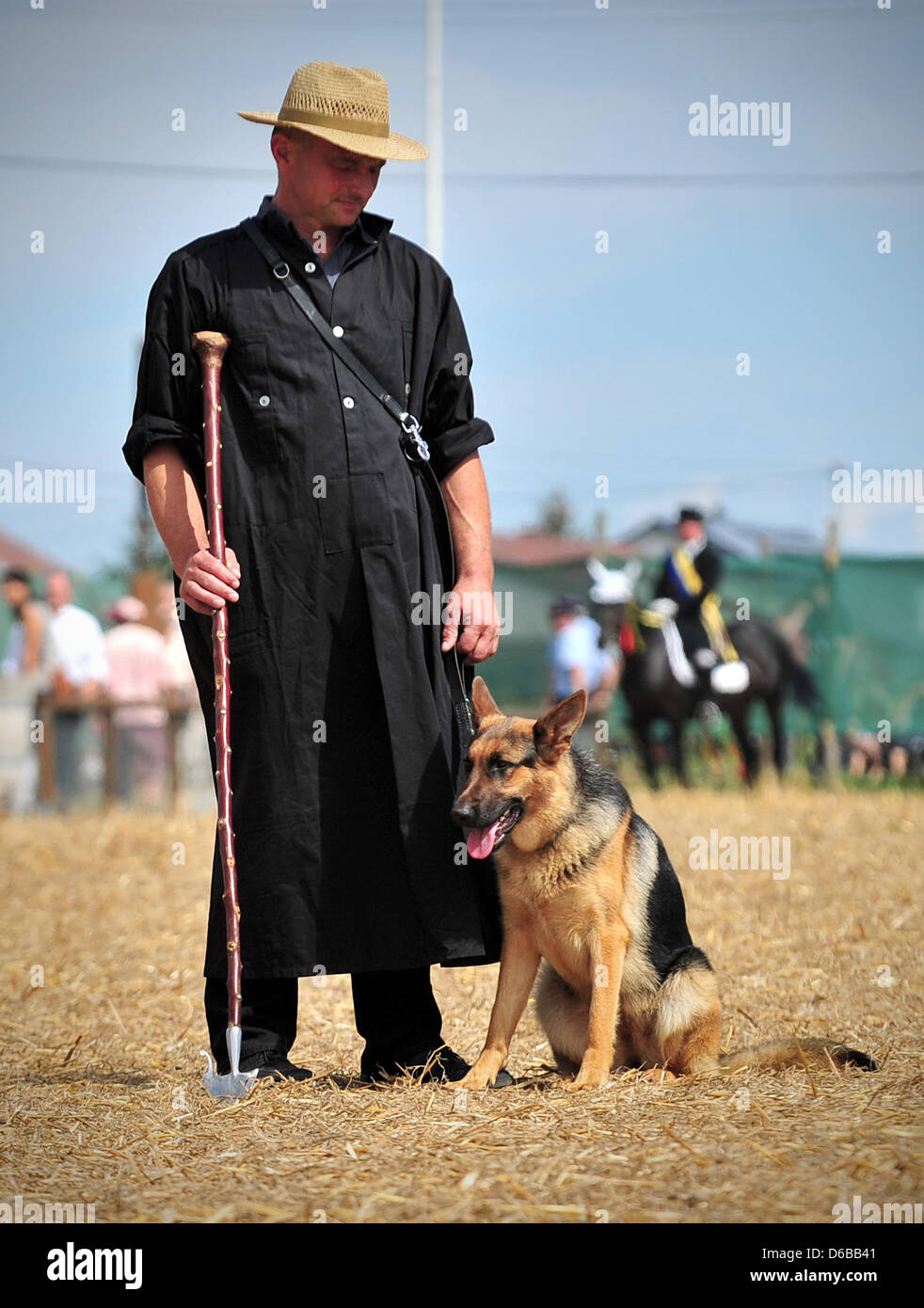 A shepherd walks across a field with his dog during Markgroeniger ...