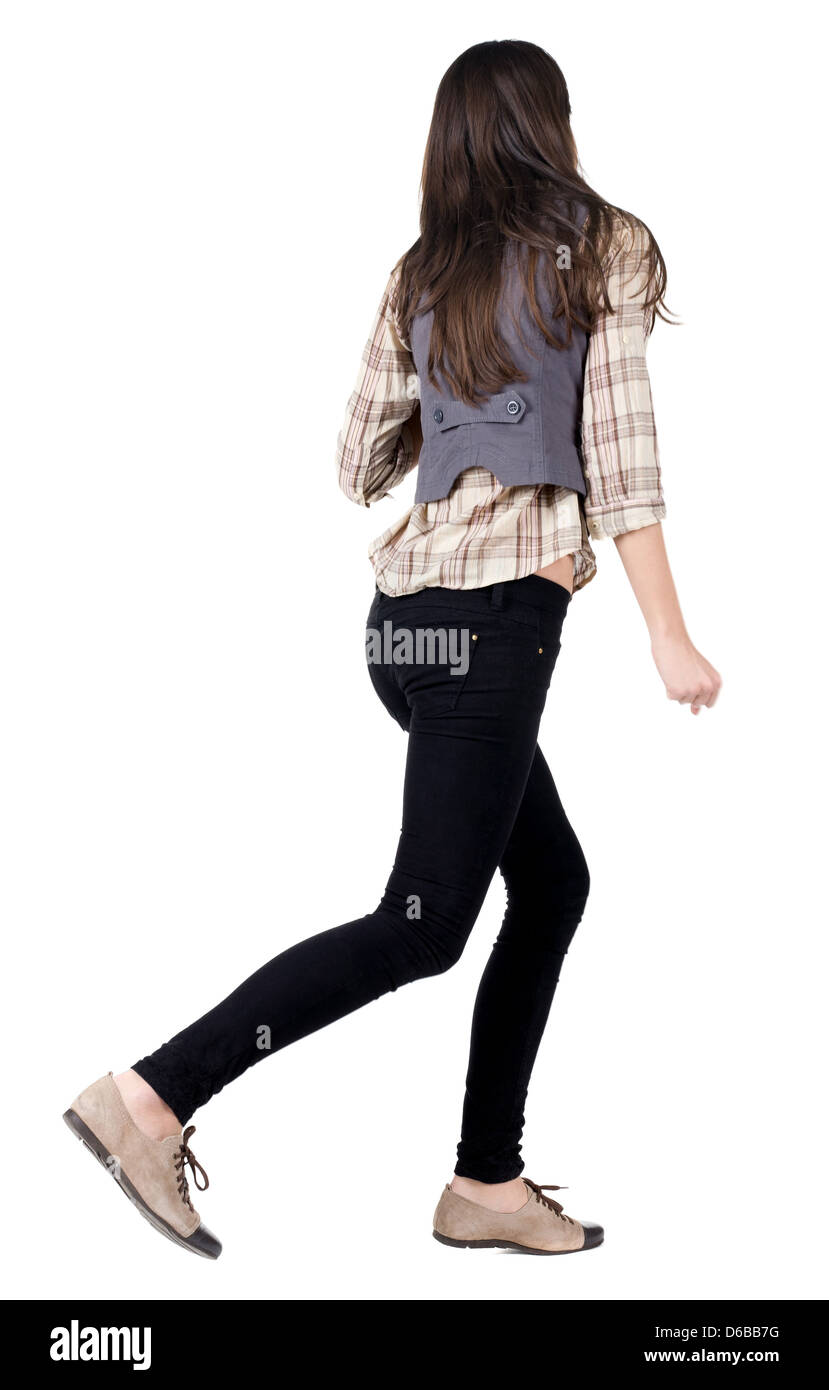 Back view of running brunette girl. Girl walking on the motion move ...