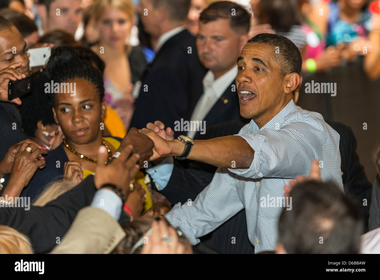 United States President Barack Obama greets supporters at the ...