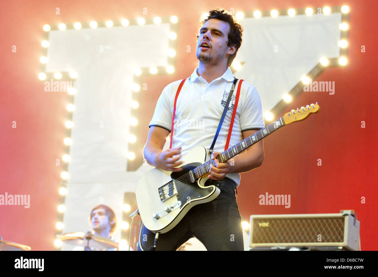 Bassist Karl Schumann of the German band Kraftklub performs on stage at ...