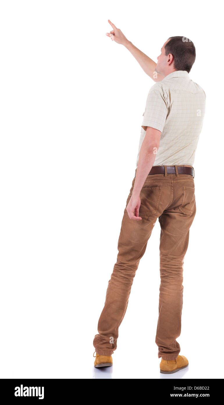 Back view of pointing young men in shirt and jeans. Young guy gesture ...