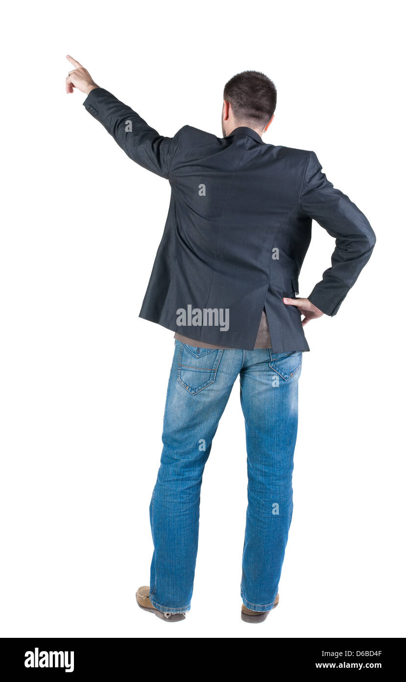 Back view of young expert looks ahead. Rear view people collection ...