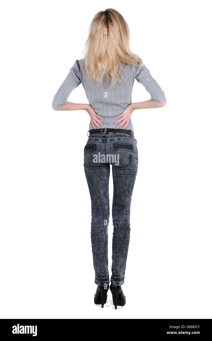 Girl with back pain. Beautiful woman is tired. Back view of person ...