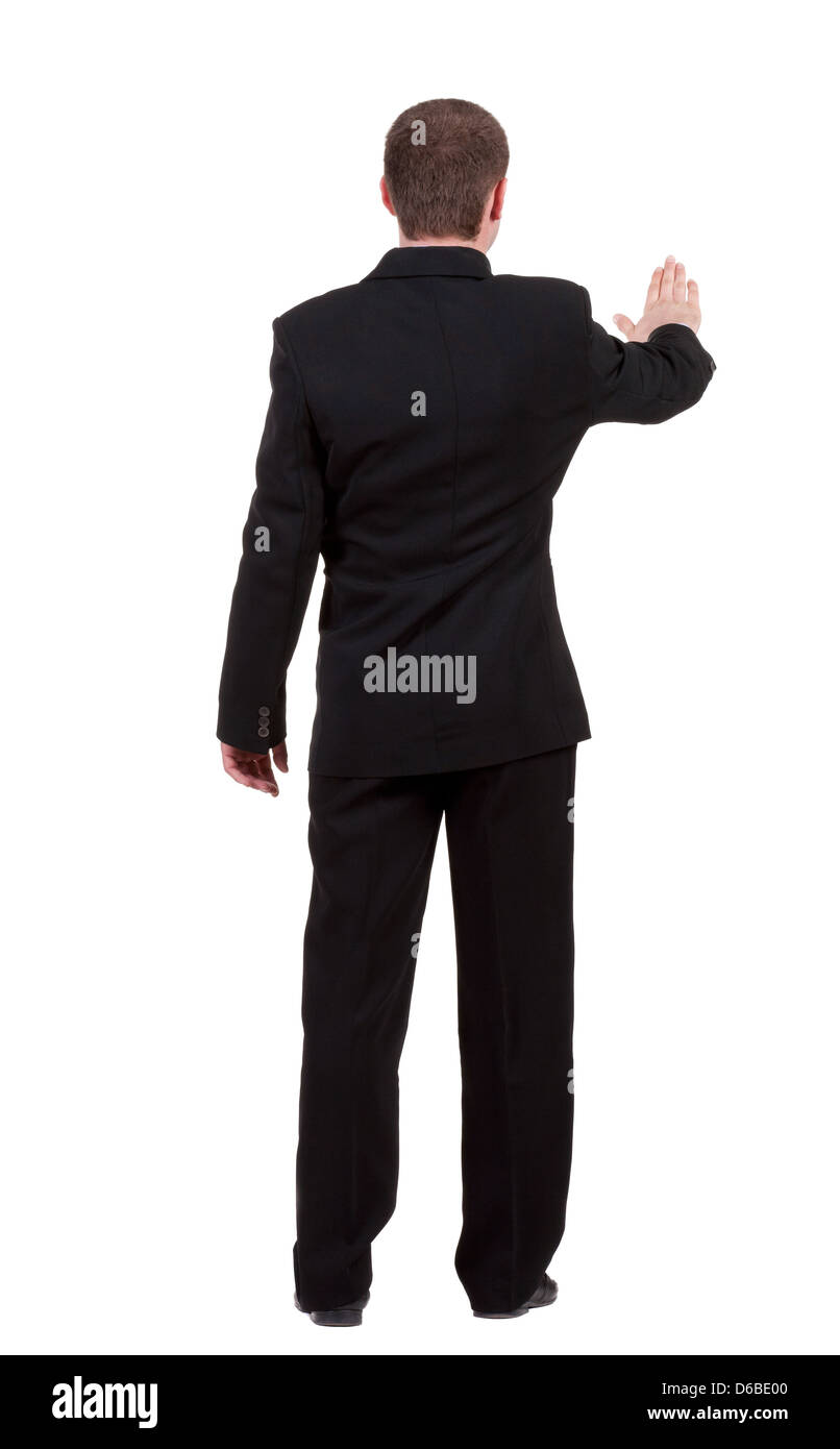 Back view of businessman . Young guy in black suit watching. Isolated ...