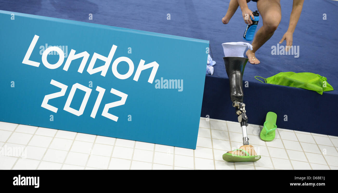 A prosthesis is seen during a Swimming training session at the Aquatics ...
