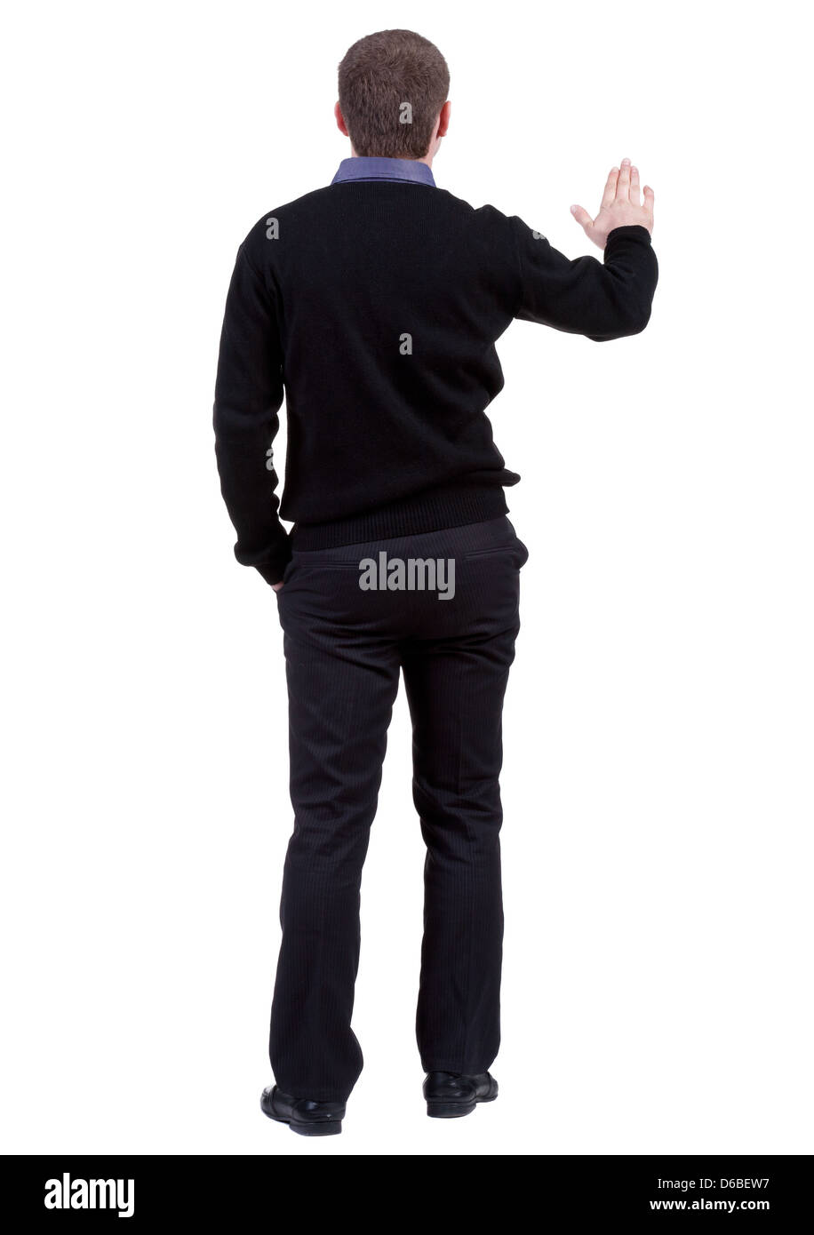 Back view of businessman . Young guy in black suit watching. Isolated ...