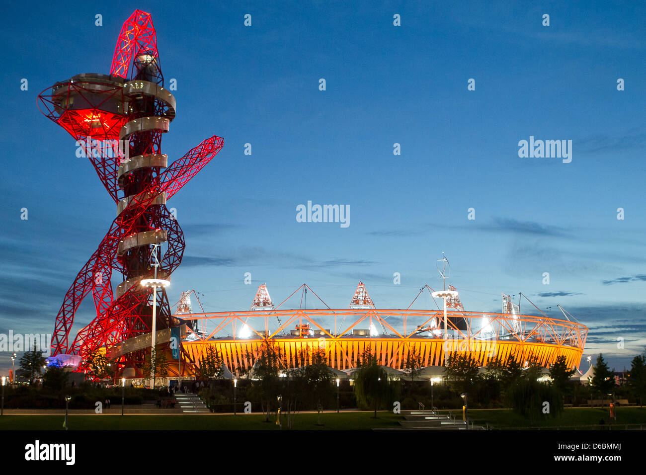The illuminated Orbit Tower (L) is located next the Olympic Stadium at ...